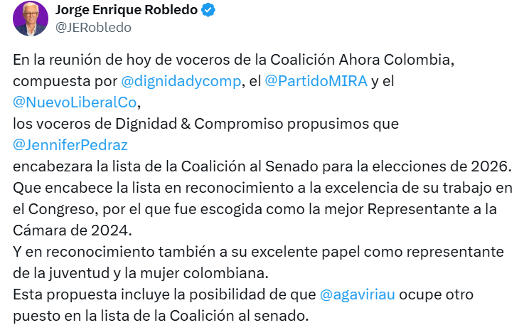 Robledo propone a Jennifer Pedraza como cabeza de lista al Senado ...